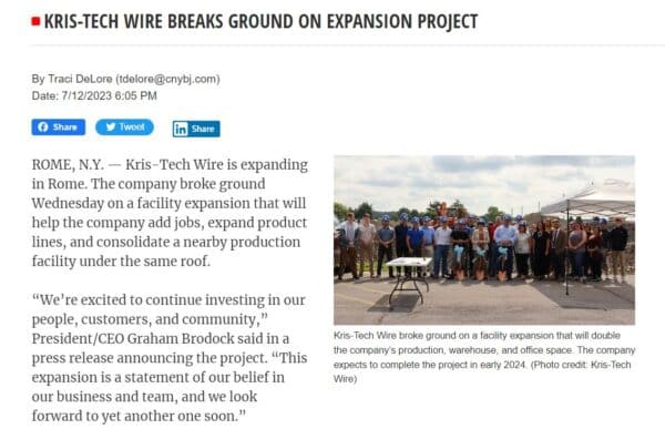 Kris -Tech Wire Breaks Ground on Expansion Project - VIP